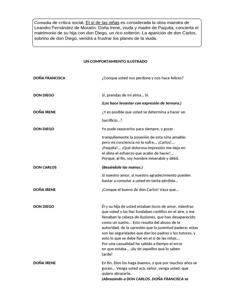 Análisis de "El sí de las niñas" de Moratín | PDF