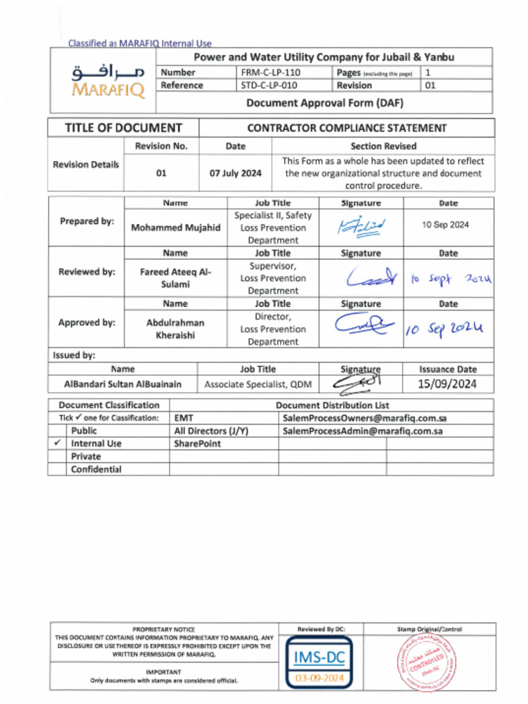 FRM-C-LP-110 Contractor Compliance Statement (Rev 1) | PDF | Safety