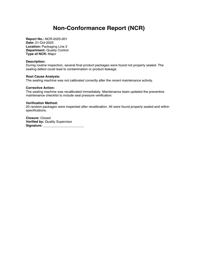 Major NCR for Packaging Line 2 | PDF
