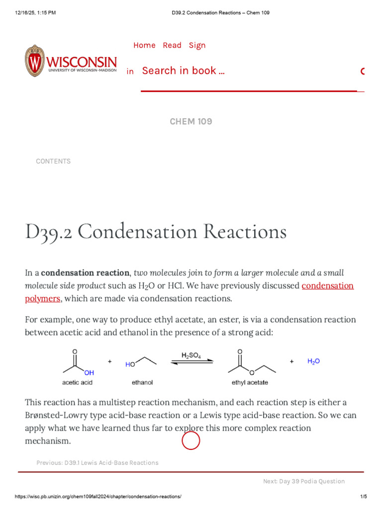 D39.2 Condensation Reactions - Chem 109 | PDF | Acid | Chemical Reactions