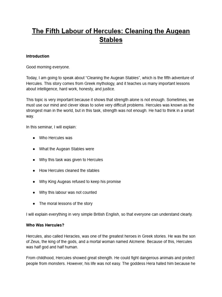 The Fifth Labour of Hercules - Cleaning The Augean Stables | PDF