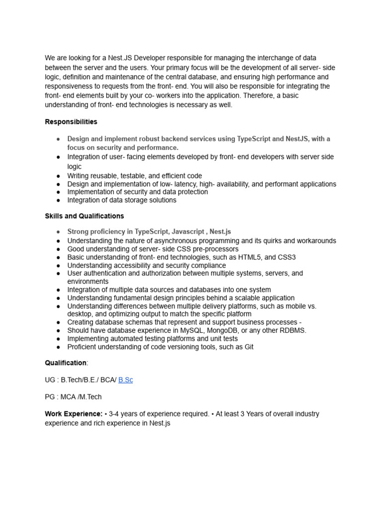 Nest.JS Developer Job Description | PDF