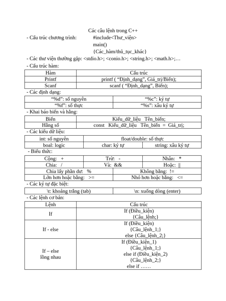 Các Câu Lệnh Trong C | PDF