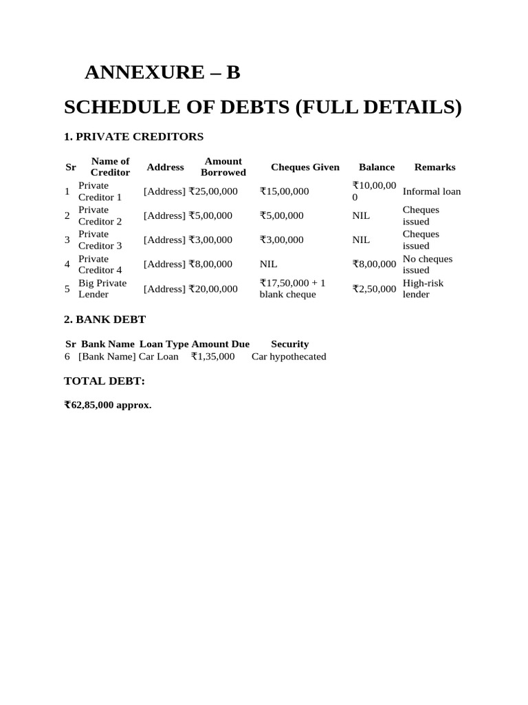 Schedule of Debts: Private & Bank Creditors | PDF