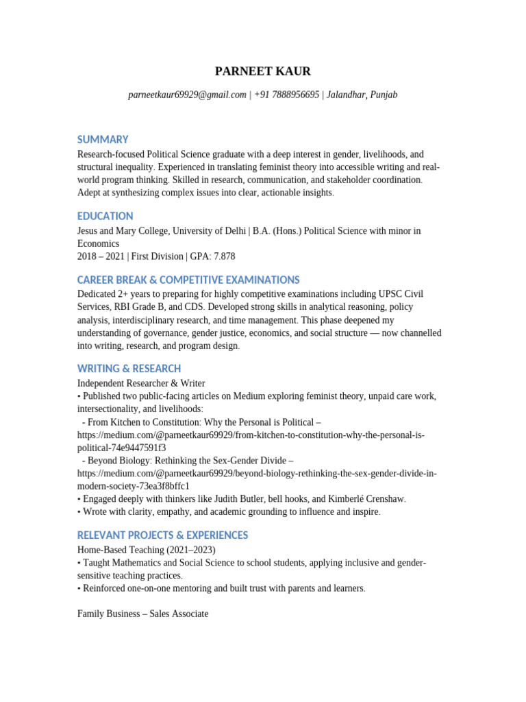 Parneet Kaur Resume Ola Research Associate | PDF | Intersectionality ...