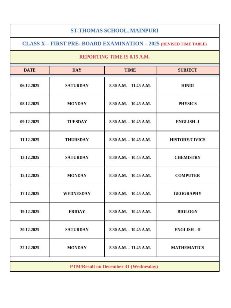 X - Revised First Pre - Board Time Table-1 | PDF