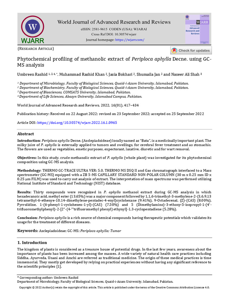 Phytochemical Profiling of Methanolic Extract of Decne. Using GC-MS ...
