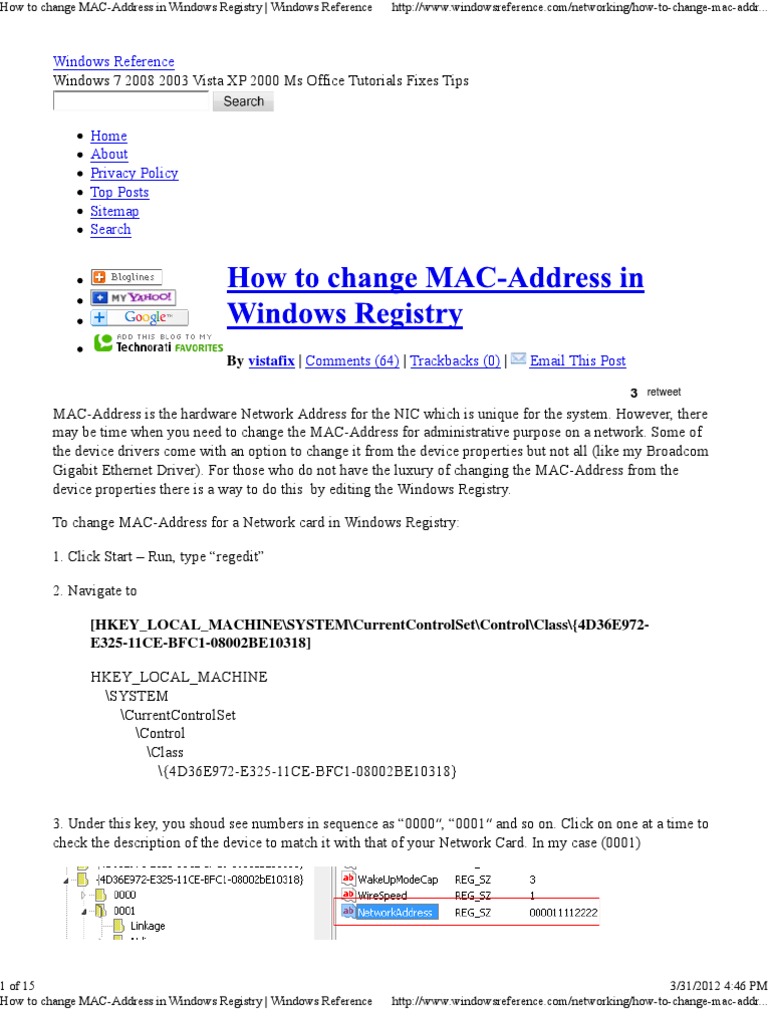 How To Change MAC-Address in Windows Registry - Windows Reference | PDF ...