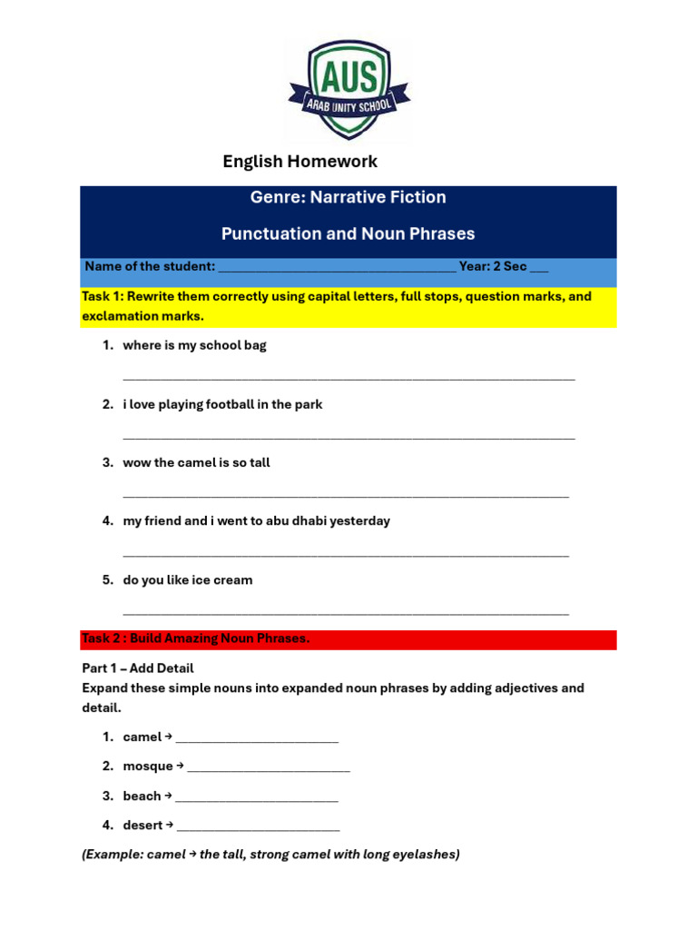 Year 2 - English Homework Week 5 | PDF