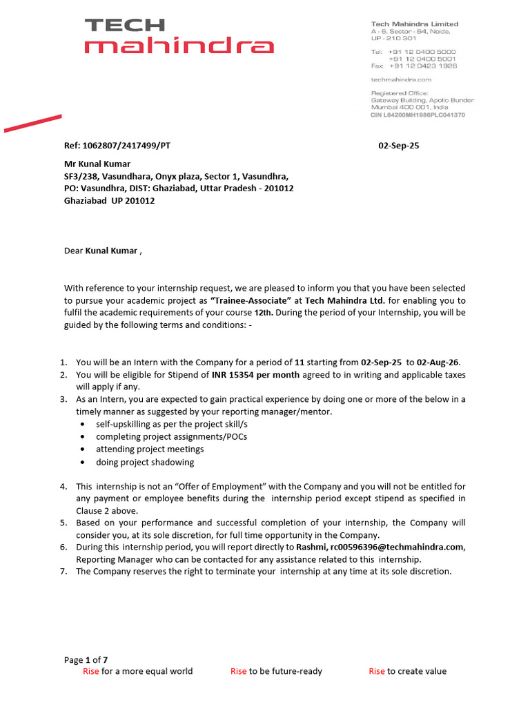 Apprentice - Letter Kunal Kumar 2417499 | PDF | Discovery (Law ...
