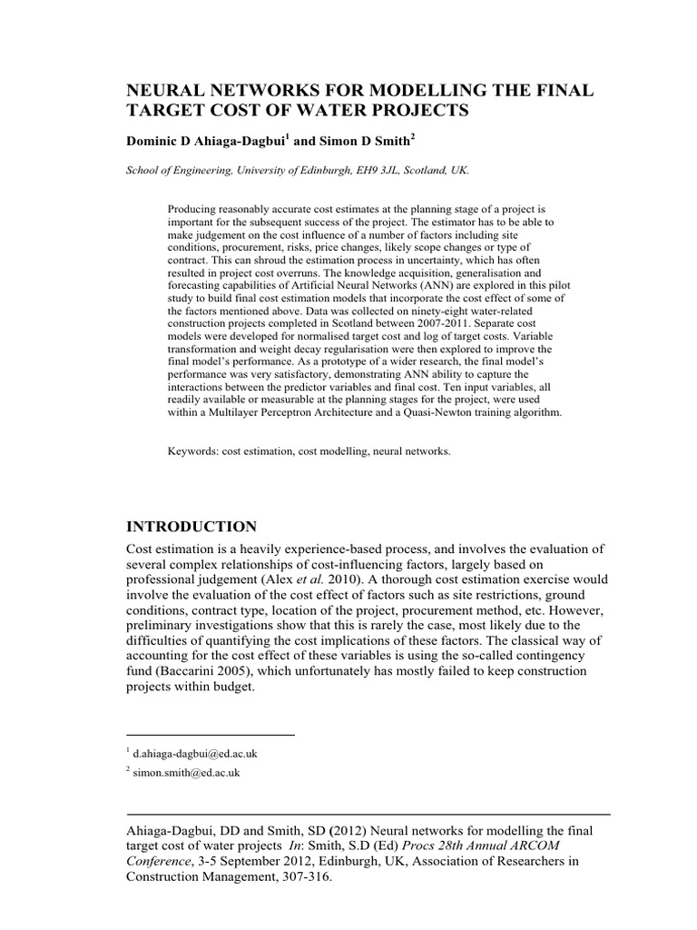 Neural Networks For Modelling The Final Target Cost of Water Projects ...