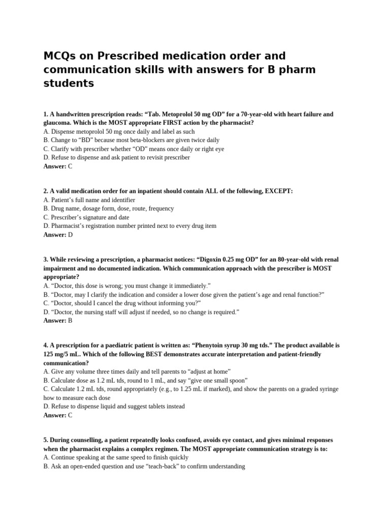 MCQs on Medication Orders & Communication Skills | PDF | Medical ...