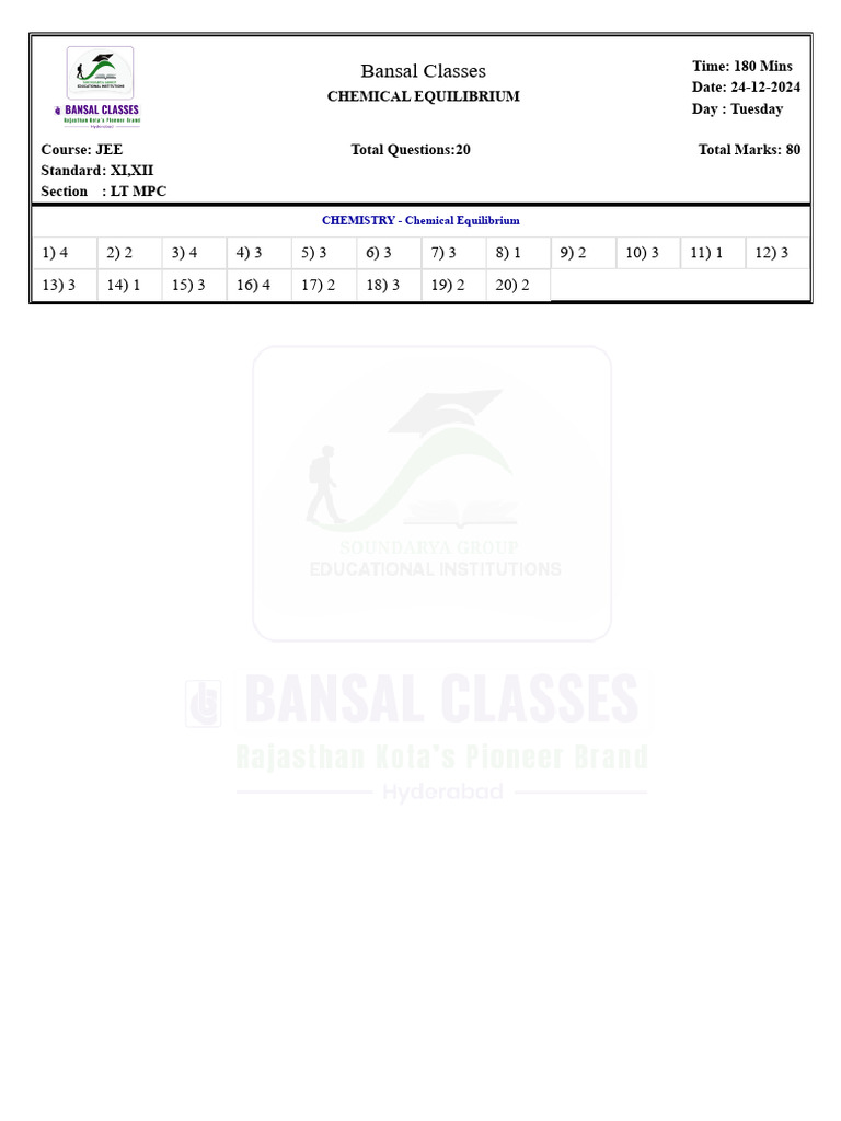 Chemical Equilibrium Key | PDF