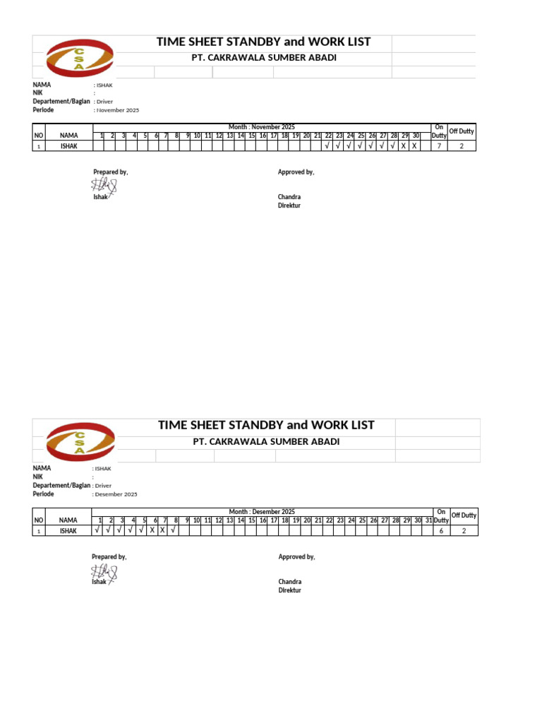 November & December 2025 Driver Timesheet | PDF