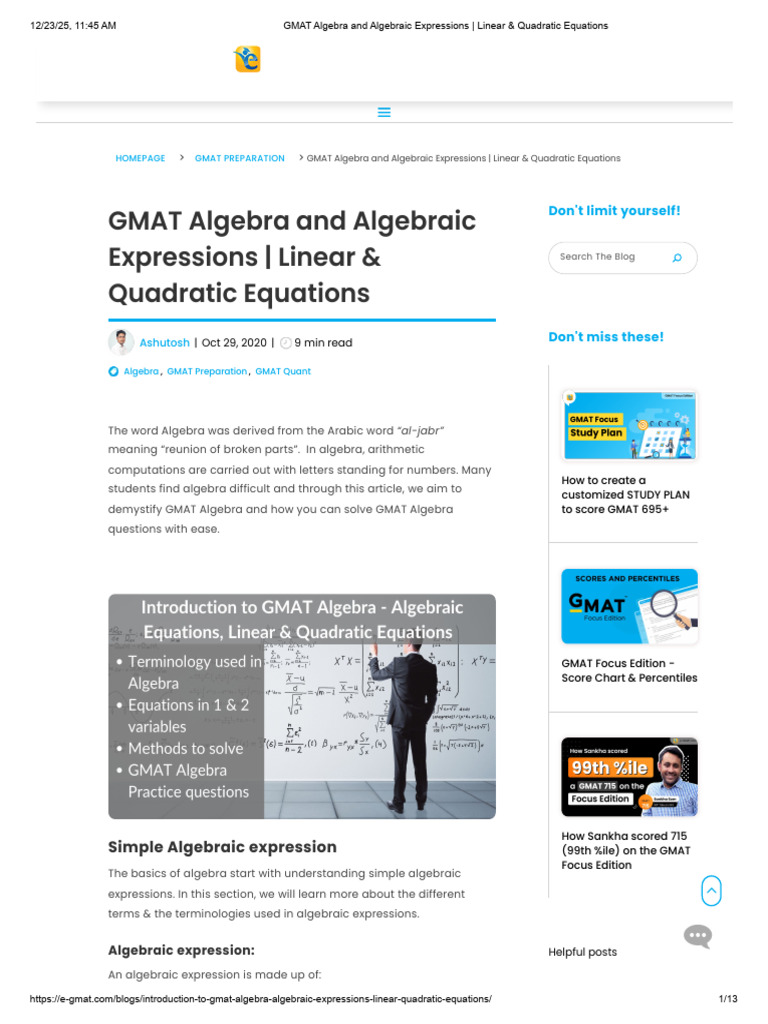 GMAT Algebra and Algebraic Expressions _ Linear & Quadratic Equations ...