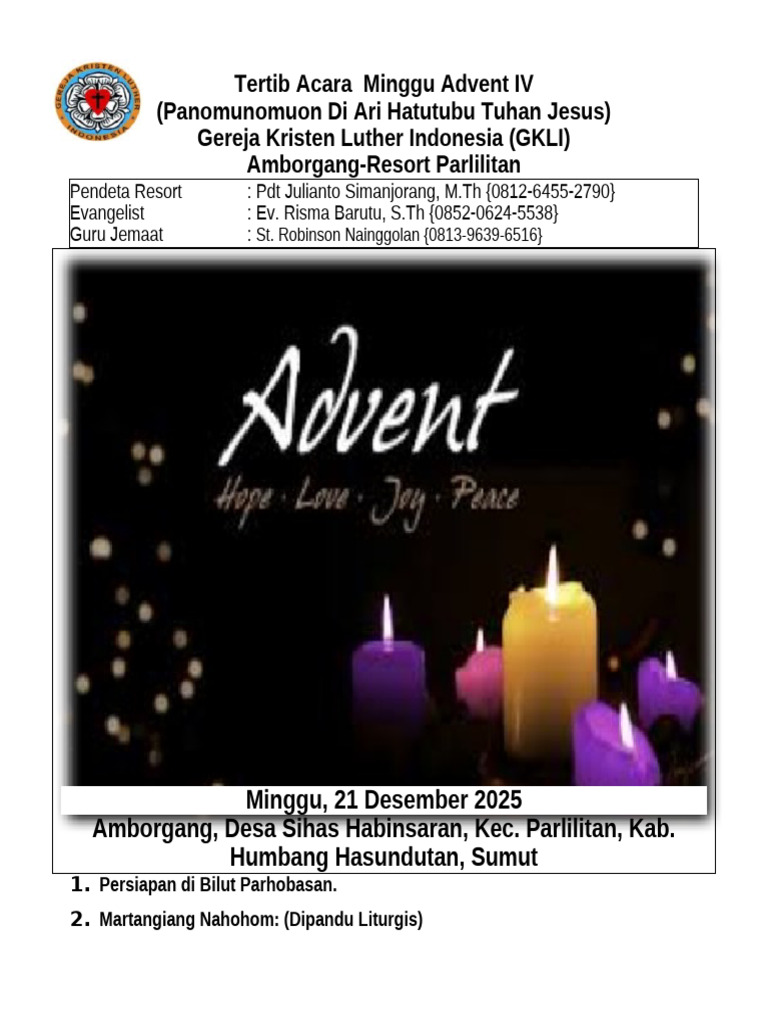 Tertib Acara Minggu Advent IV GKLI | PDF