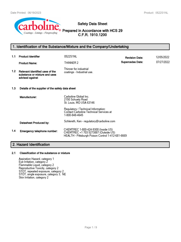 Carboline Thinner 2 | PDF | Toxicity | Occupational Safety And Health