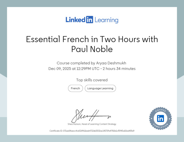 CertificateOfCompletion - Essential French in Two Hours With Paul Noble ...