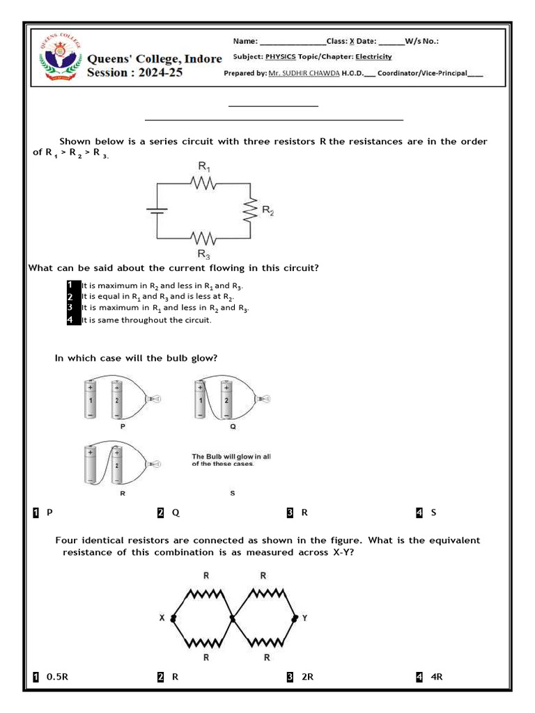 Electricity Worksheet HOTS Questions 202425 | PDF | Series And Parallel ...
