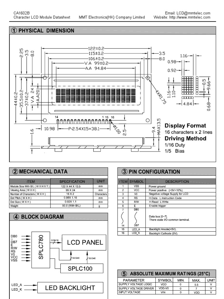 CA1602B Datasheet 16x2 Character LCD Module | PDF | Computers
