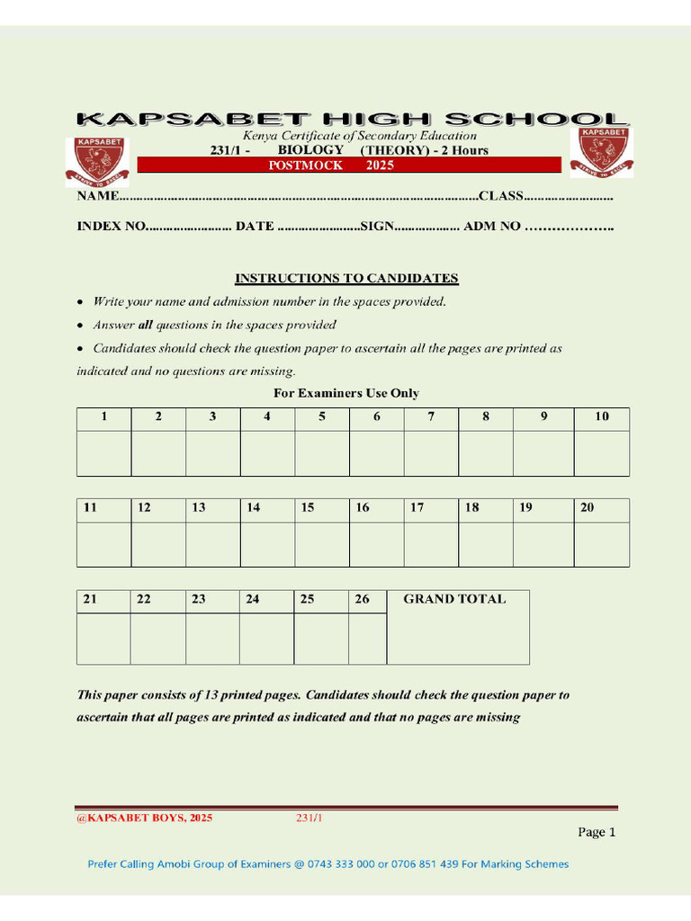 Kapsabet Boys Bio Pp1 | PDF