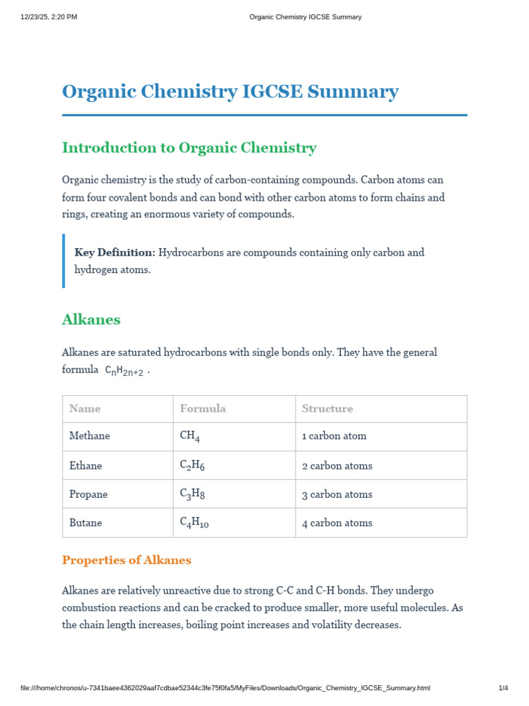 Organic Chemistry IGCSE Summary | PDF | Alkene | Alkane