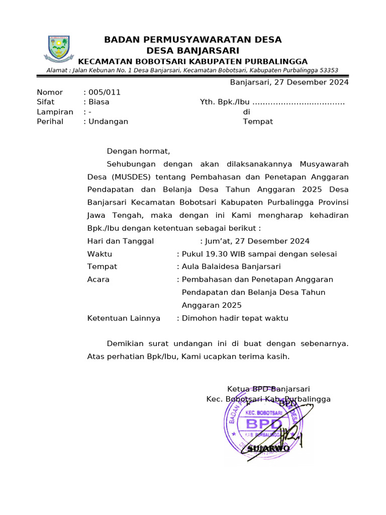 Undangan Musyawarah Desa Banjarsari 2024 | PDF