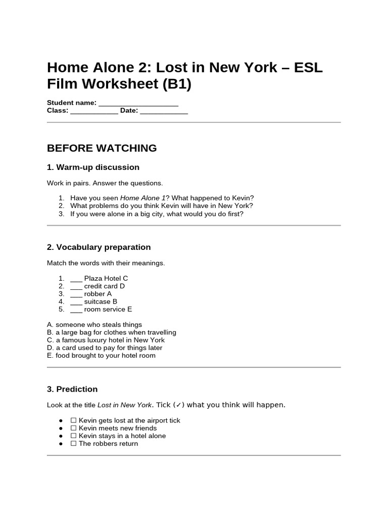 Home Alone 2 ESL Film Worksheet | PDF
