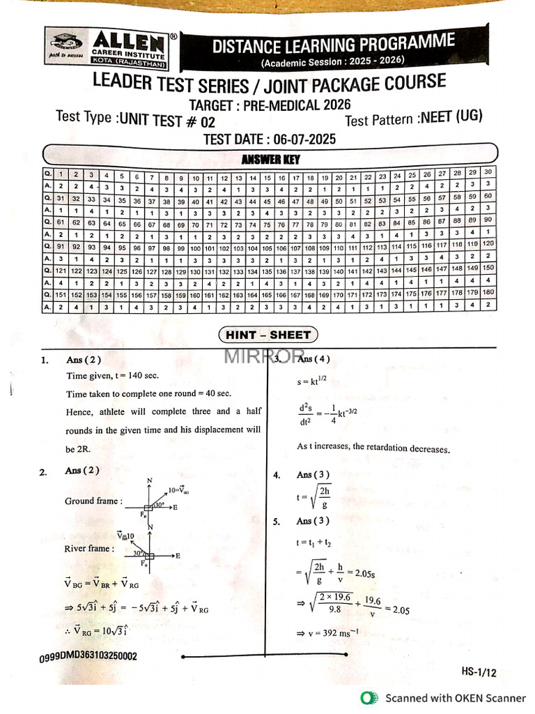 Allen Leader DLP Test Neet 2026 Minor 2 | PDF