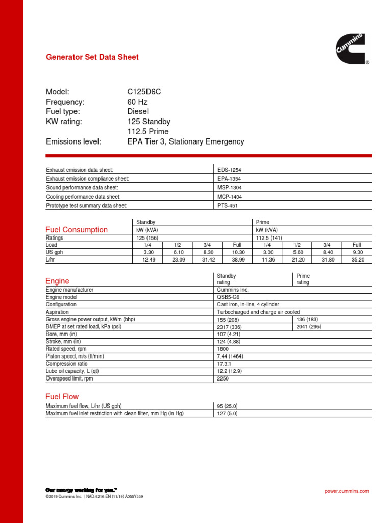 Cummins C125D6C Data Sheet | PDF | Engines | Diesel Engine