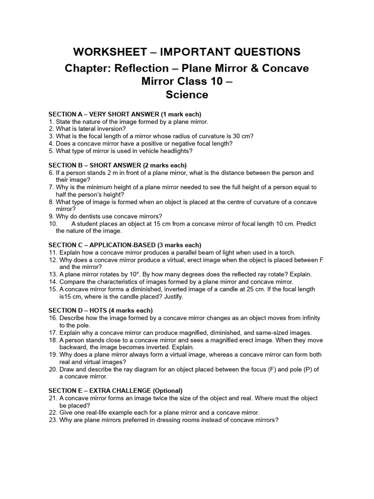 Plane Concave Mirror Worksheet | PDF | Mirror | Optics