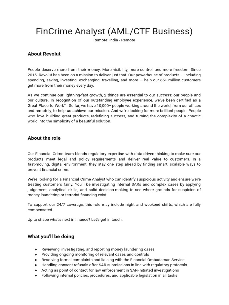 FinCrime Analyst Role at Revolut India | PDF | Regulatory Compliance ...