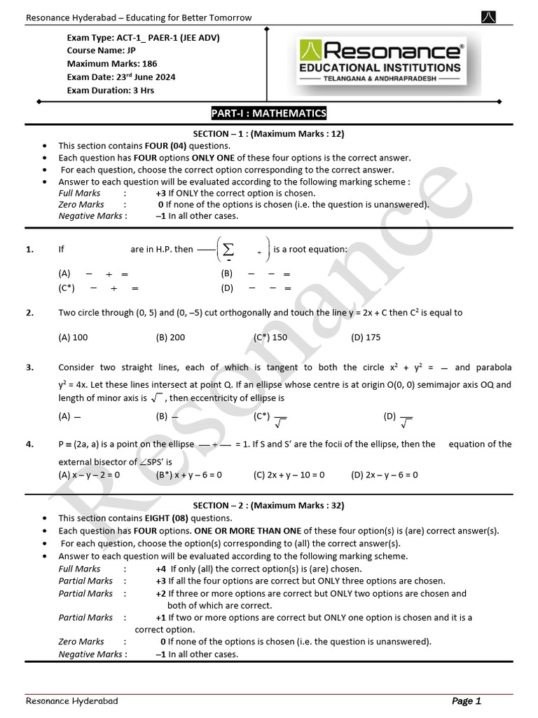ACT-2 Resonance Weekly Test Paper Advanced | PDF | Circle | Perpendicular