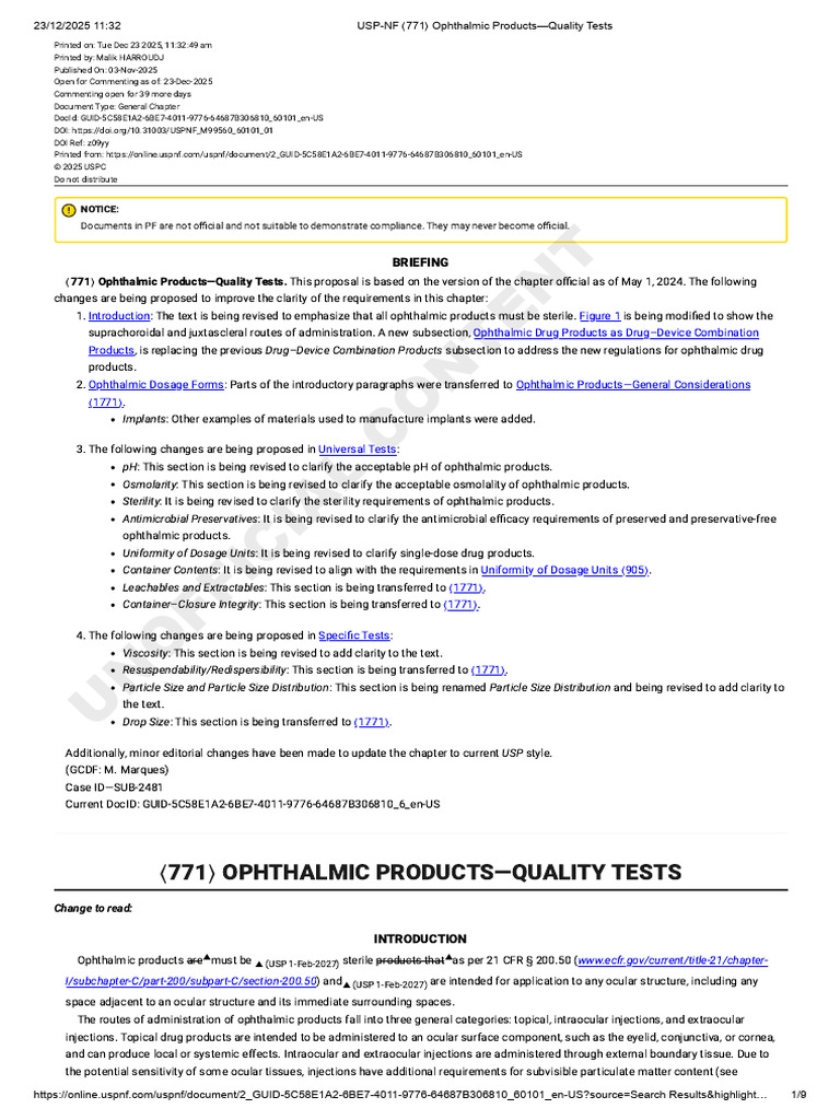 USP-NF 771 Ophthalmic Products-Quality Tests | PDF | Dose (Biochemistry ...