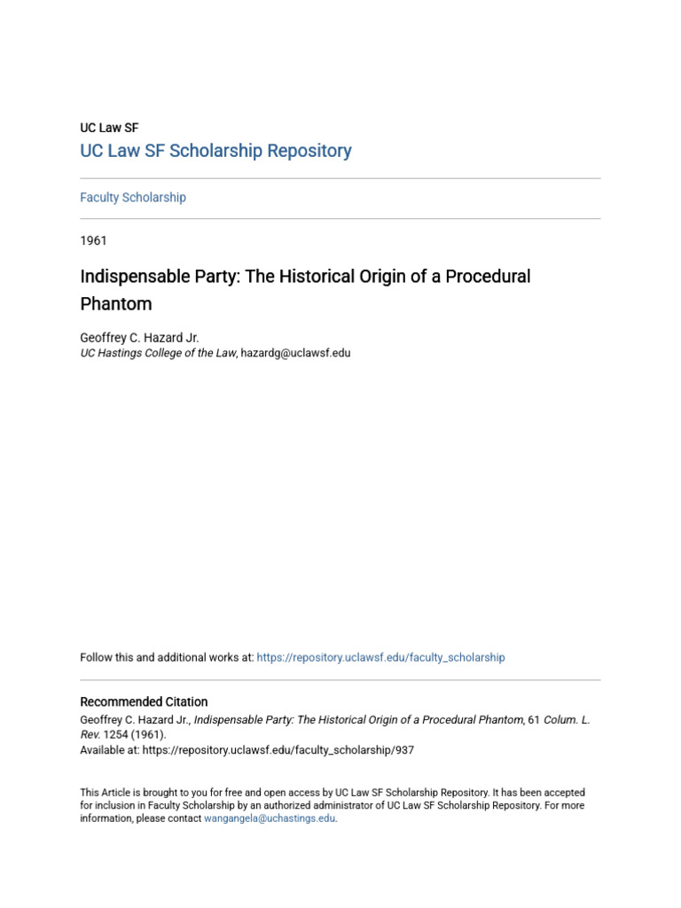 Indispensable Party - The Historical Origin of A Procedural Phanto ...