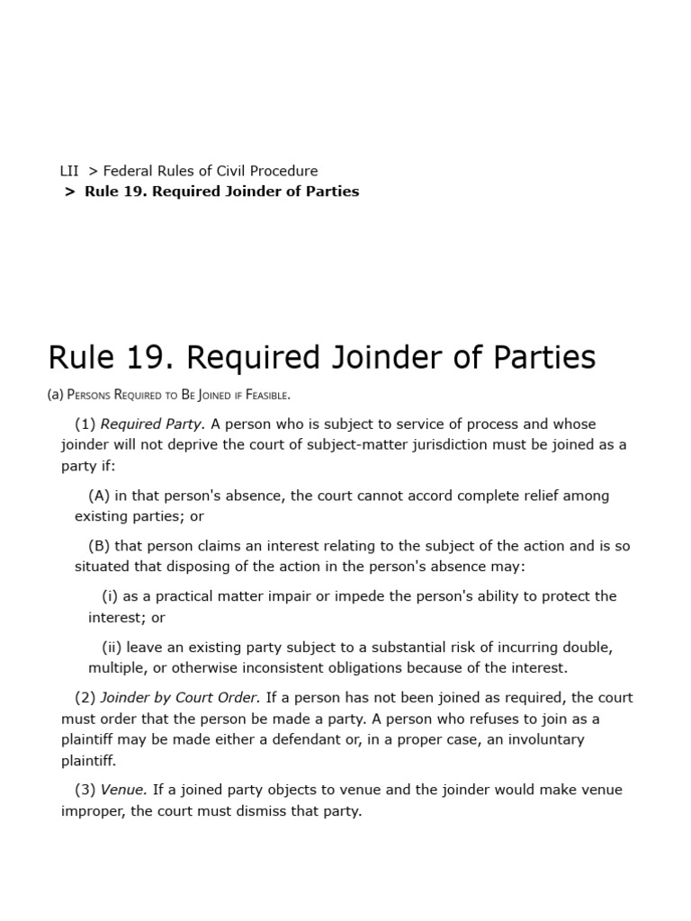 Rule 19: Required Joinder of Parties | PDF | Joinder | Federal Rules Of ...