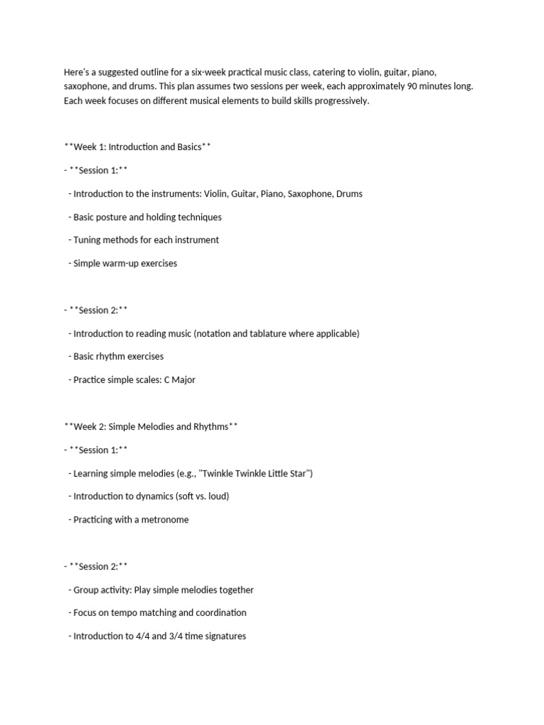 Six-Week Music Class Outline | PDF | Violin | Piano