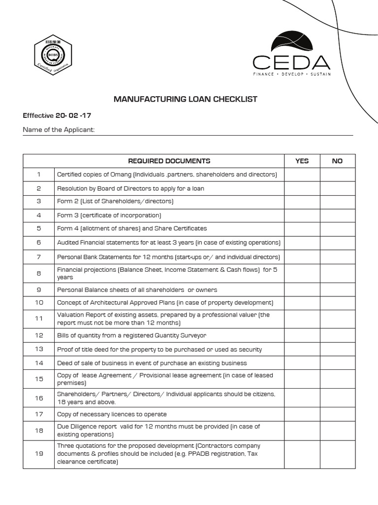 Manufacturing Loan Required Documents Checklist | PDF | Real Estate ...
