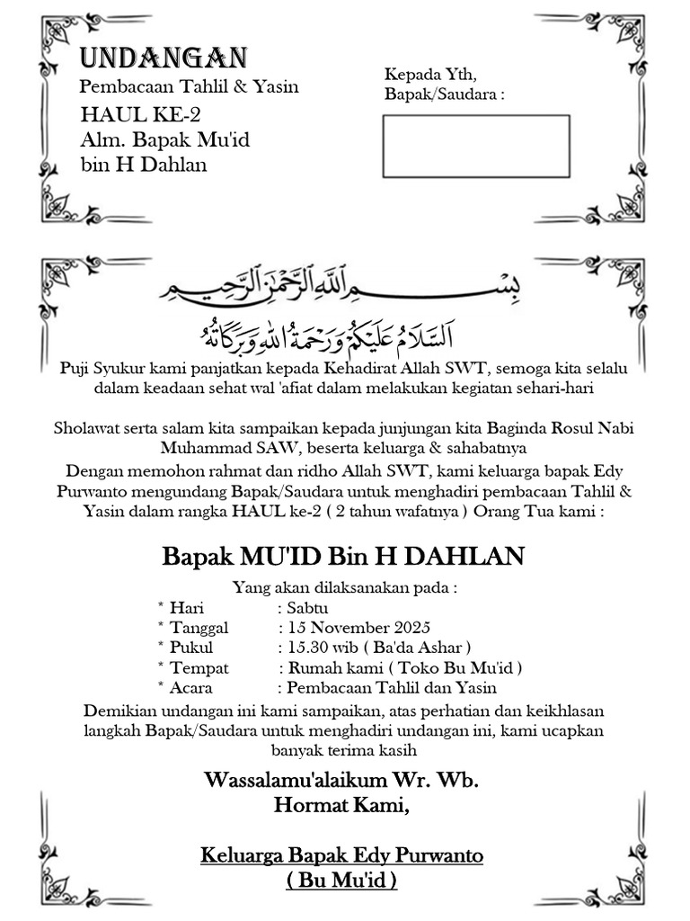 Undangan Tahlil Haul Ke-2 Alm. Mu'id | PDF