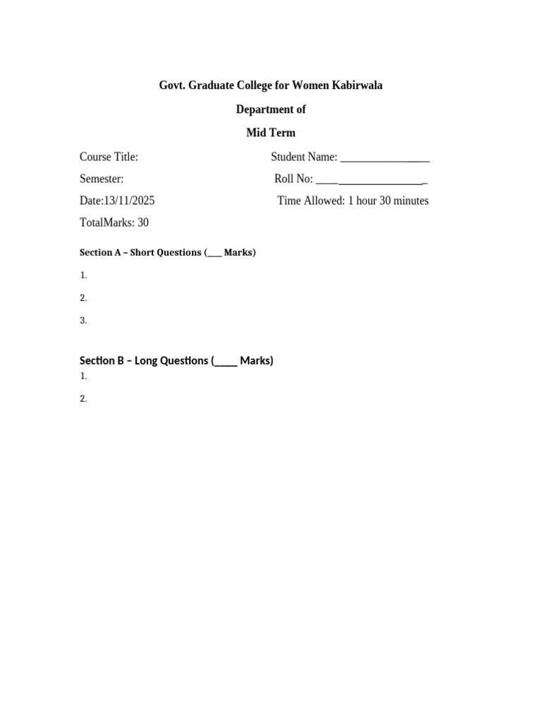 Mid Term Exam Paper - Govt. College Kabirwala | PDF