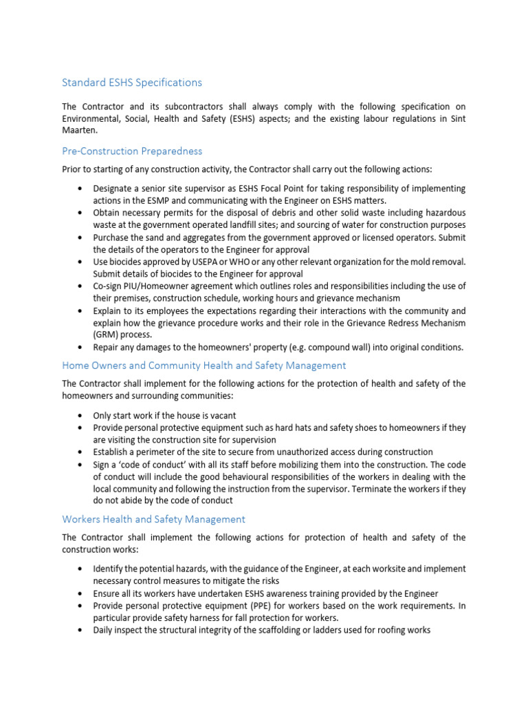 Standard ESHS Specifications | PDF | Occupational Safety And Health ...
