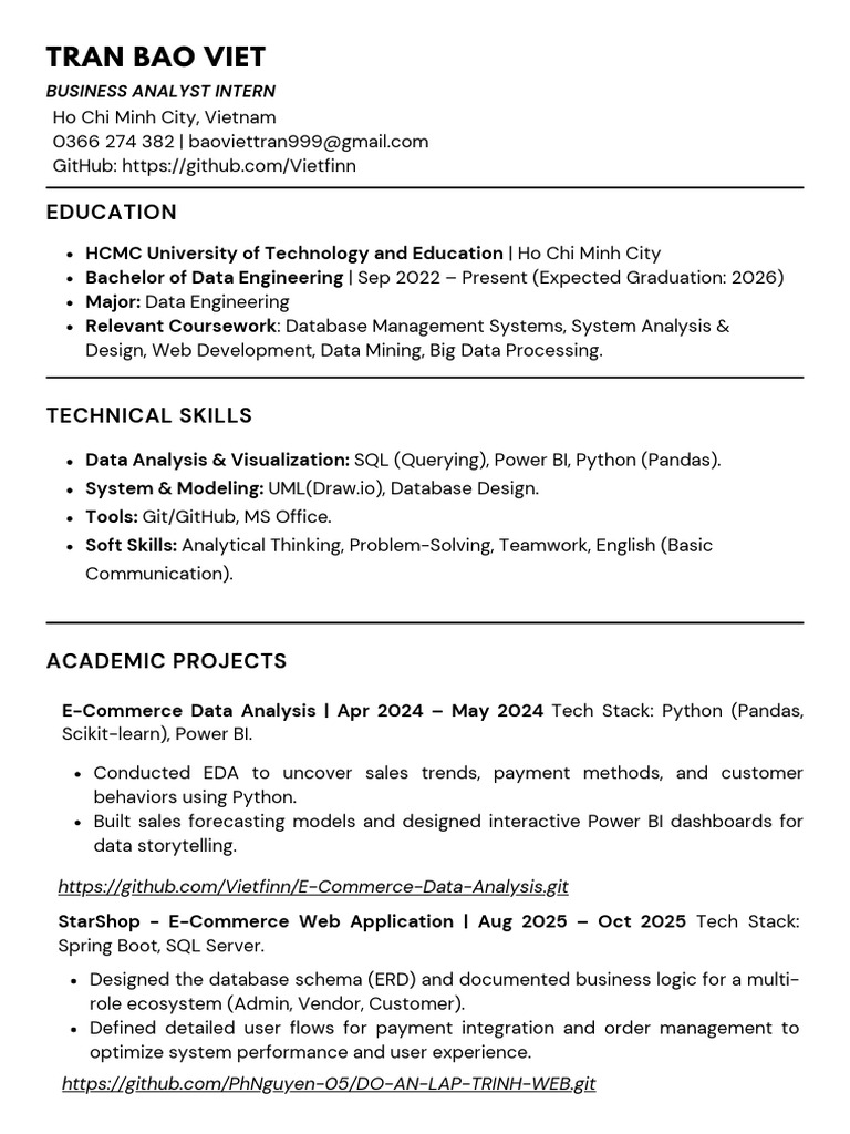 CV Intern BA TranBaoViet | PDF | Databases | Data Analysis