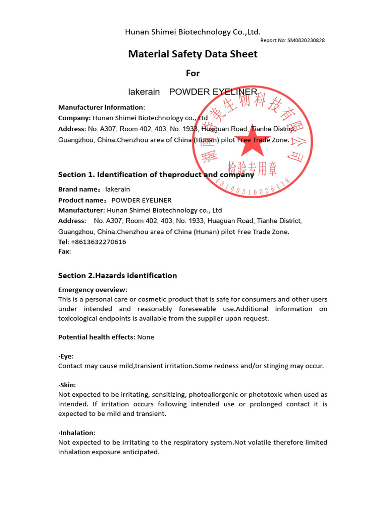 Lakerain Powder Eyeliner MSDS Report | PDF | Firefighting | Waste ...