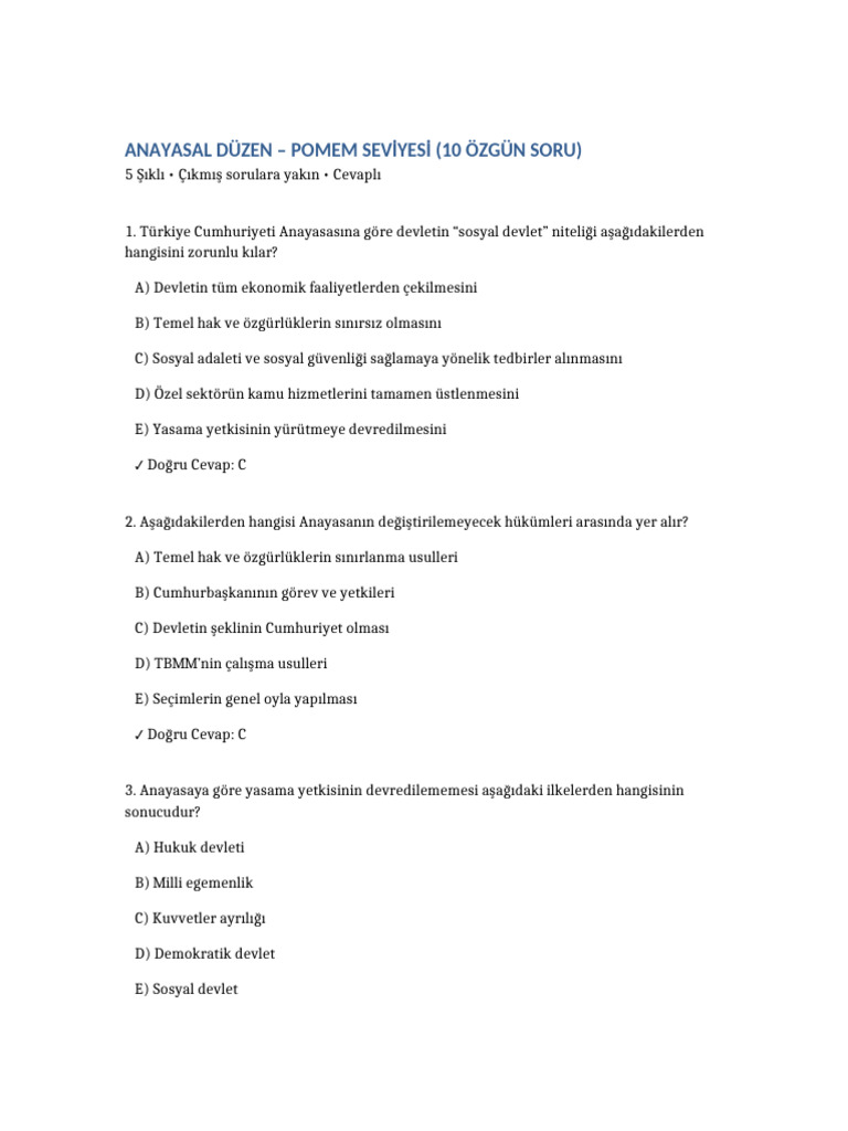 Anayasal Duzen POMEM 10 Soru | PDF