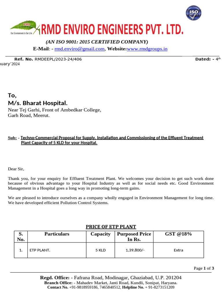 Quotation - Bharat Hospital Meerut - Etp Plant 5 KLD | PDF | Pump