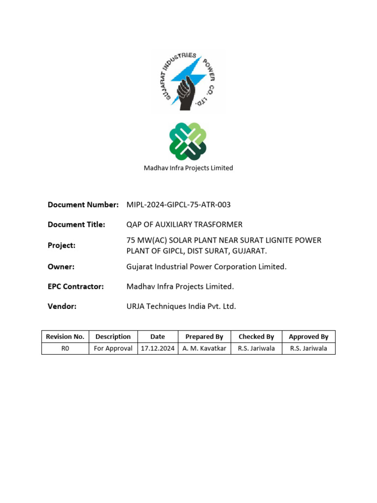 QAP for Auxiliary Transformer - Solar Plant | PDF