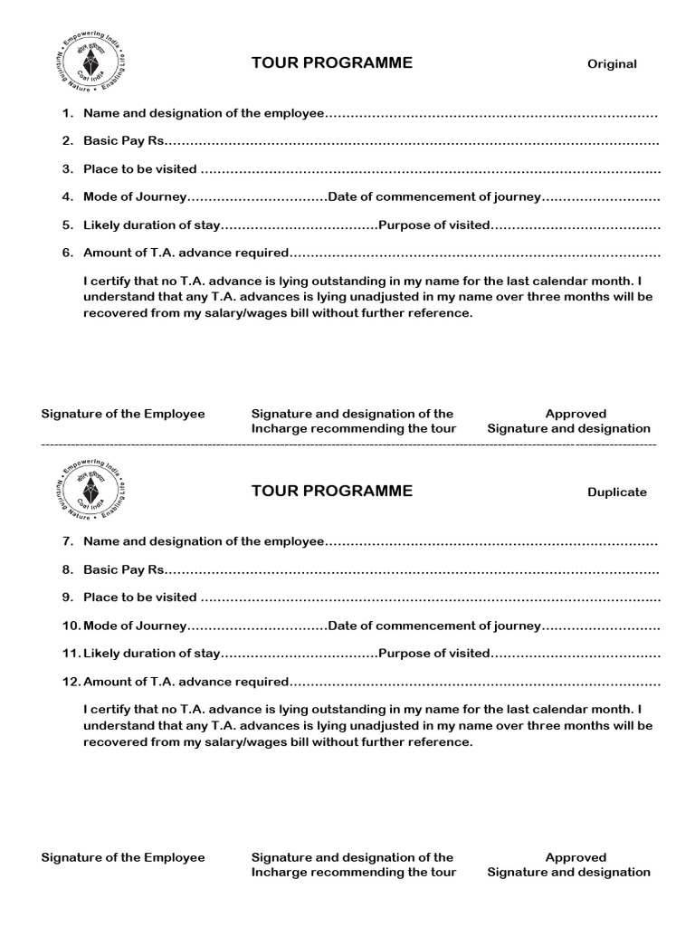 Employee Tour Programme Form | PDF