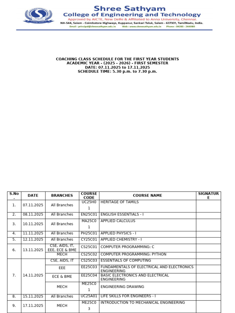 First Year Student Coaching Class Schedule 06.11.2025 | PDF