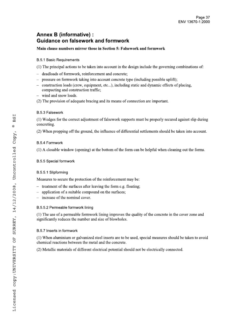 Guidance On Falsework and Formwork (BS en 13670-1 Extract) | PDF