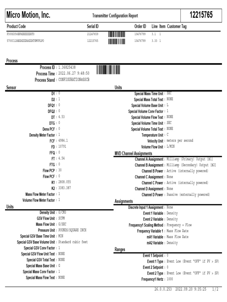 Micro Motion Transmitter Config Report | PDF | Flow Measurement | Density